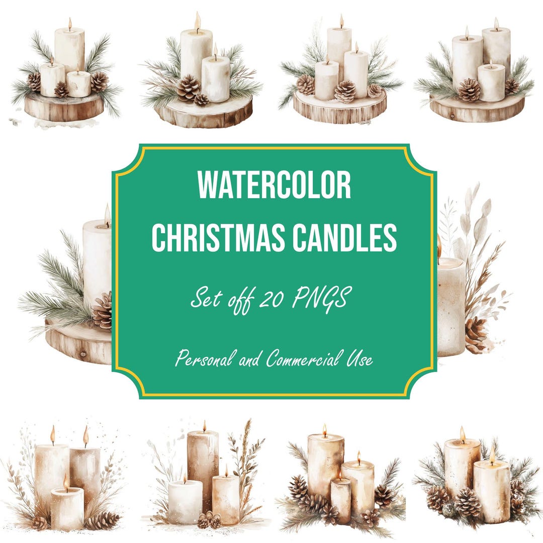 Watercolor Christmas Candles Clipart Set - 20 PNG Festive Candle ...