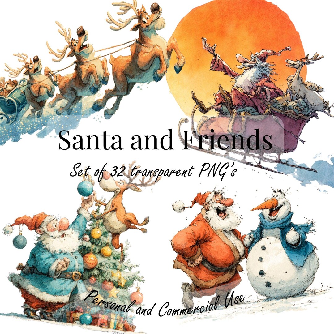 Santa and Friends Clipart Set – 32 Watercolor Christmas Pngs, Whimsical ...