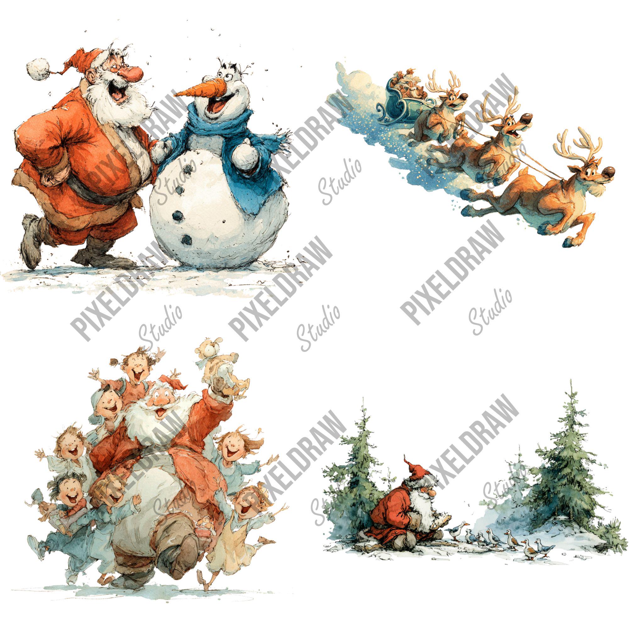 Santa and Friends Clipart Set – 32 Watercolor Christmas Pngs, Whimsical ...