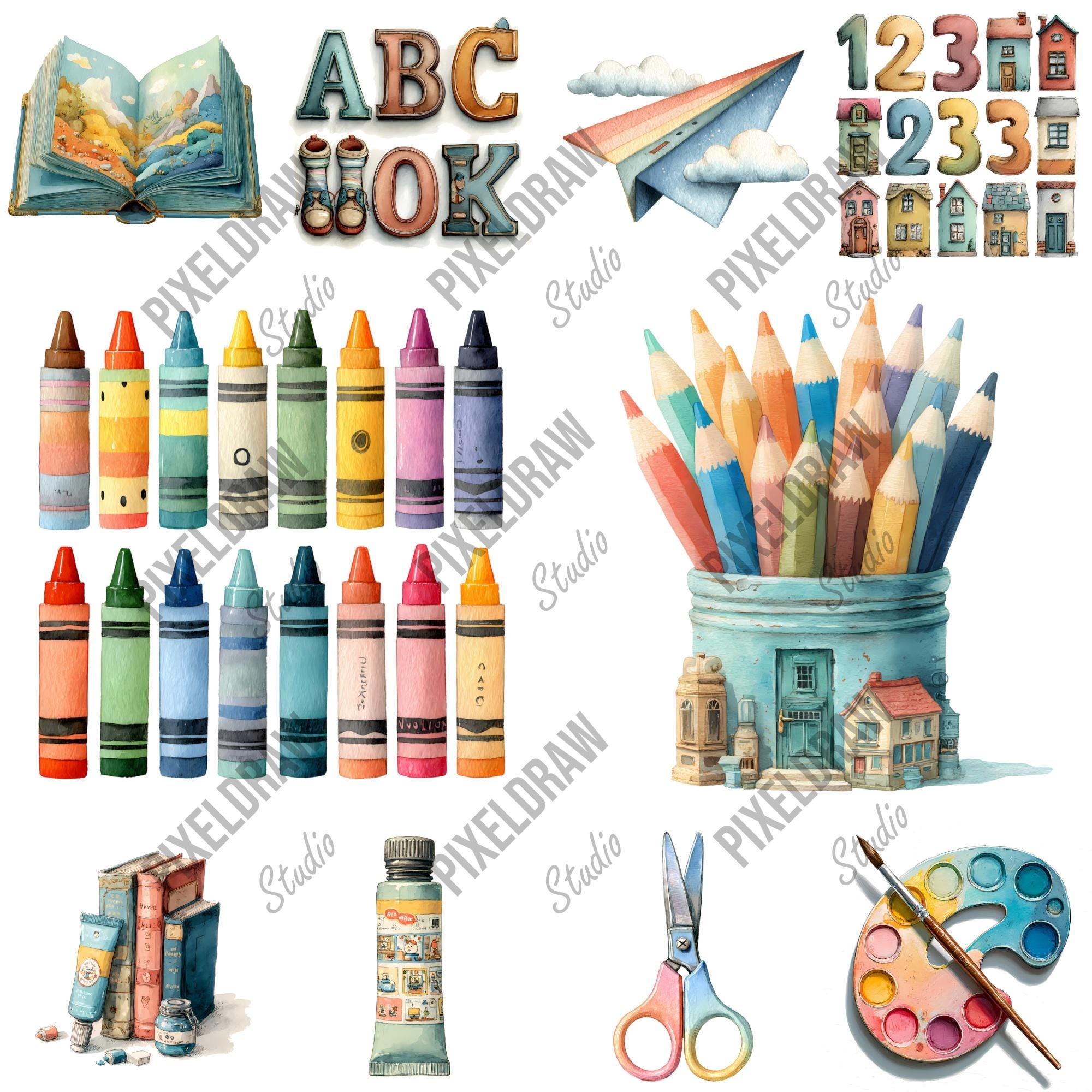 Back to School Clipart Bundle - 80 Pngs - Watercolor Classroom & Kids ...