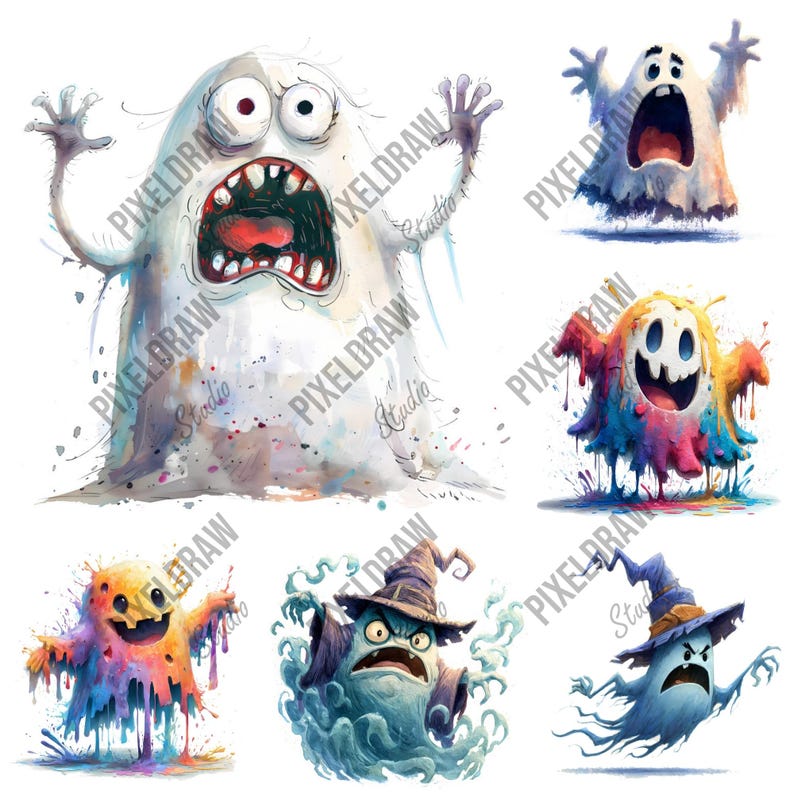 Watercolor Quirky Ghosts PNG Set | 40 Funny Ghost Clipart | Cute ...