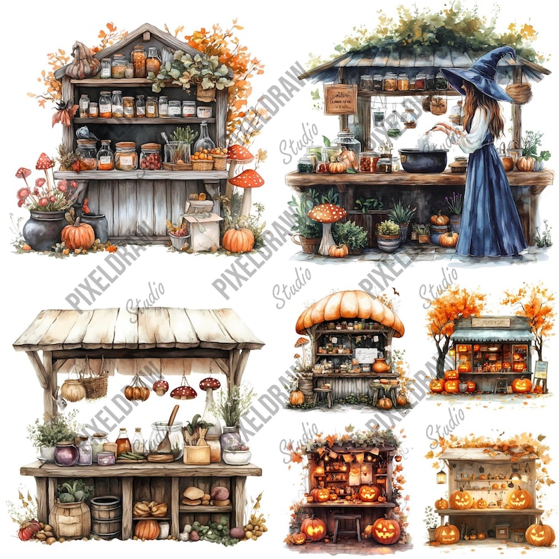 Watercolor Halloween Shop Clipart | 56 Pngs | Witch Market, Spellbook ...