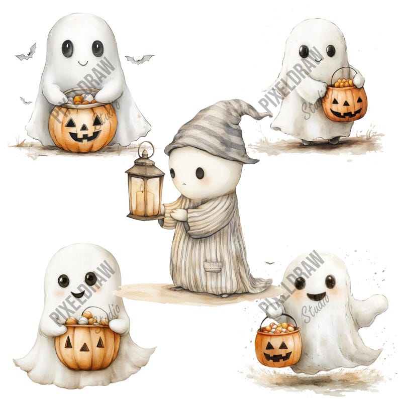 Watercolor Ghost Clipart Set – 40 Cute Halloween Pngs, Transparent ...