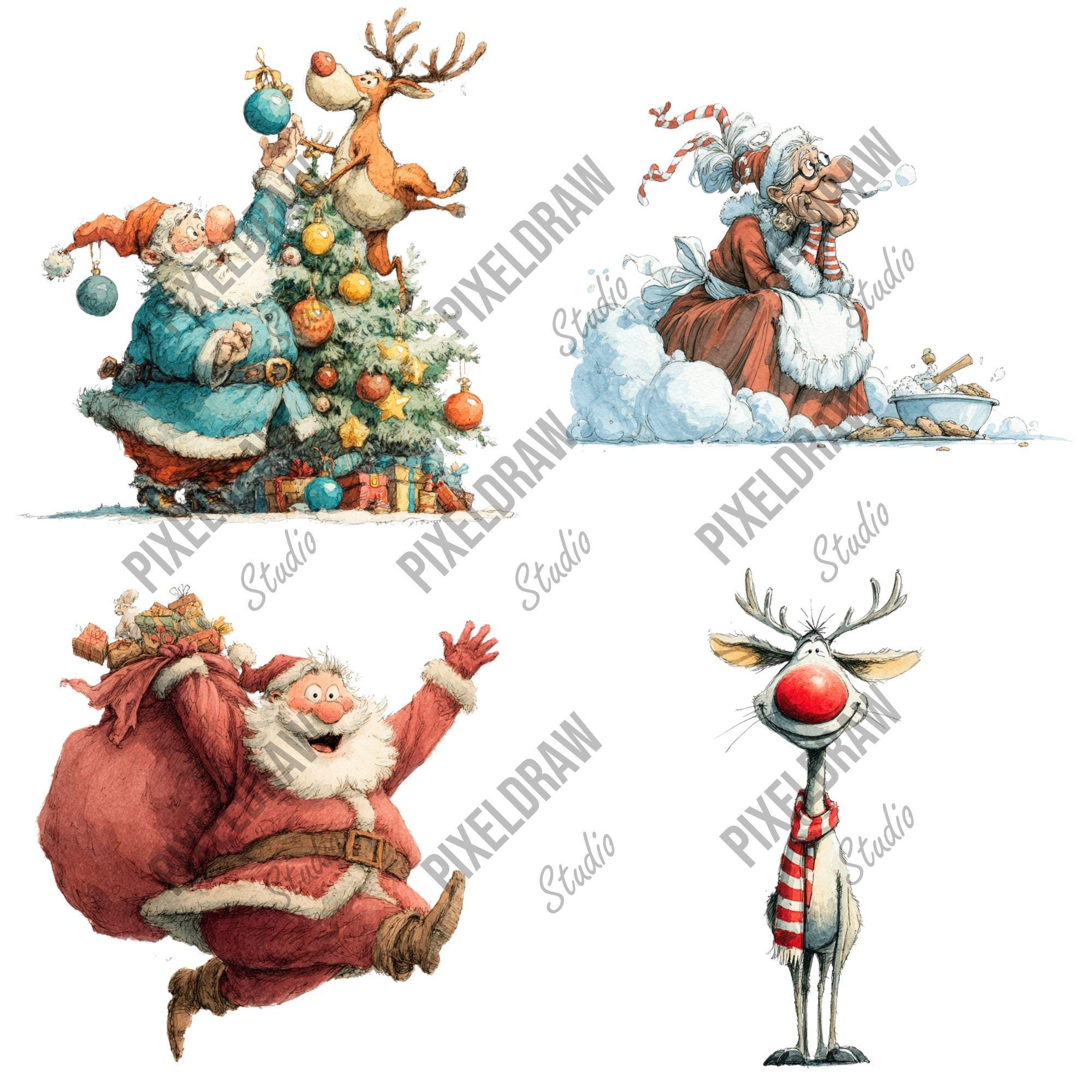 Santa and Friends Clipart Set – 32 Watercolor Christmas Pngs, Whimsical ...