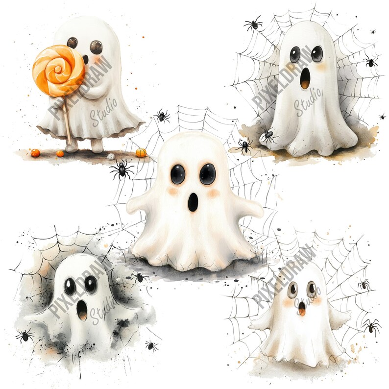 Watercolor Ghost Clipart Set – 40 Cute Halloween Pngs, Transparent ...