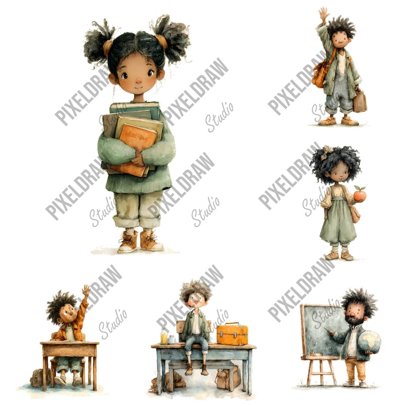 Watercolor School Kids Clipart Bundle – 48 Pngs, Transparent Background ...