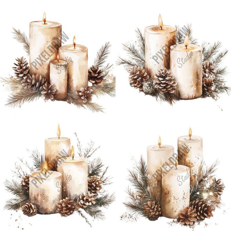 Watercolor Christmas Candles Clipart Set - 20 PNG Festive Candle ...