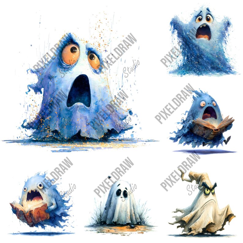 Watercolor Quirky Ghosts PNG Set | 40 Funny Ghost Clipart | Cute ...