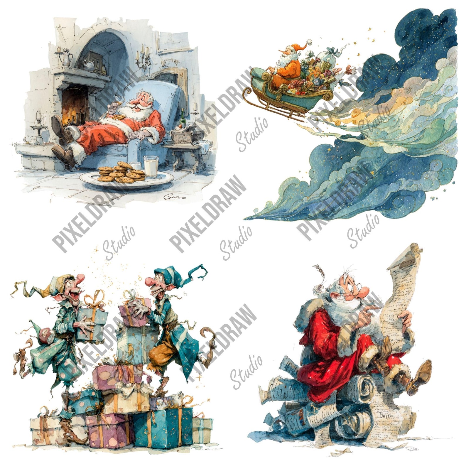 Santa and Friends Clipart Set – 32 Watercolor Christmas Pngs, Whimsical ...