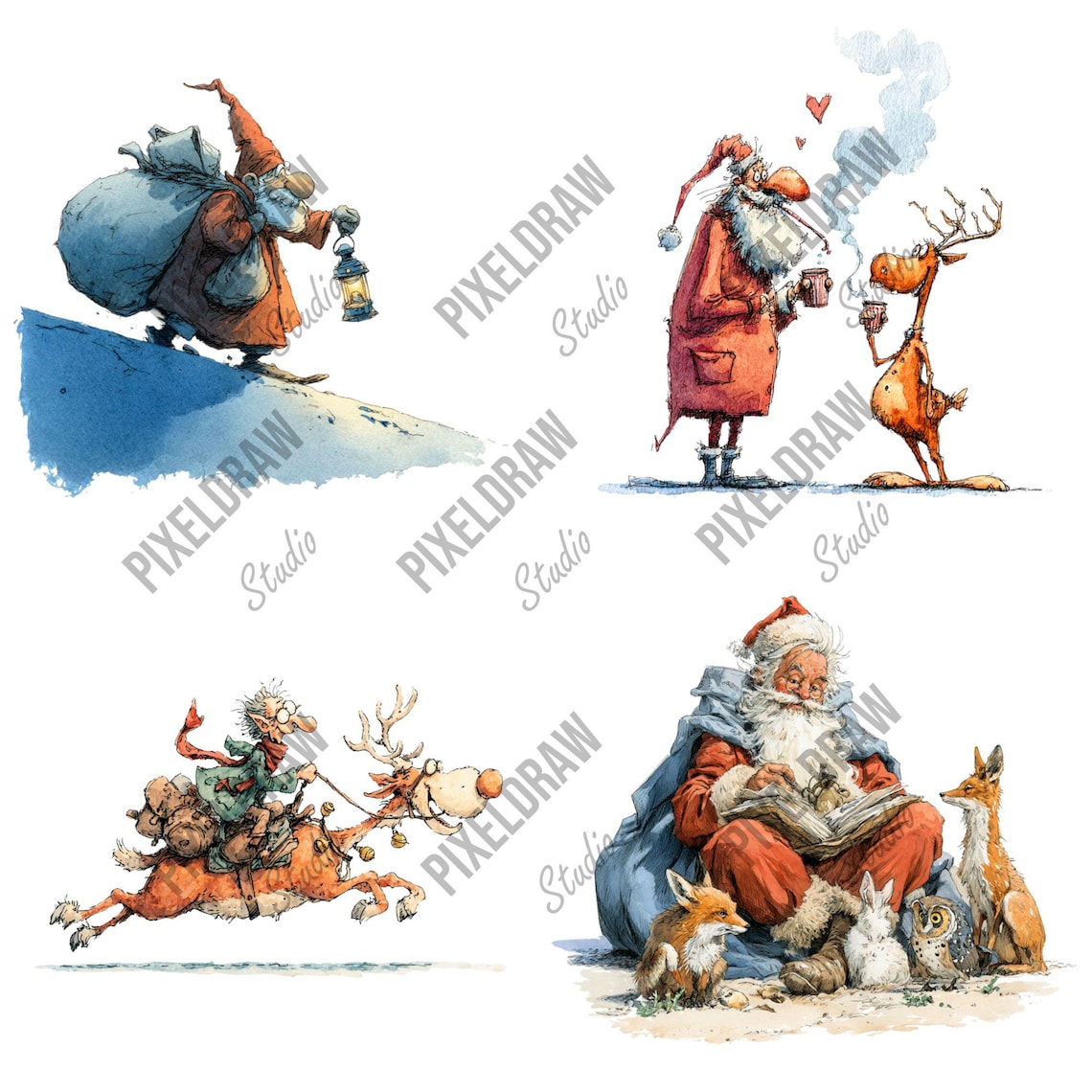 Santa and Friends Clipart Set – 32 Watercolor Christmas Pngs, Whimsical ...