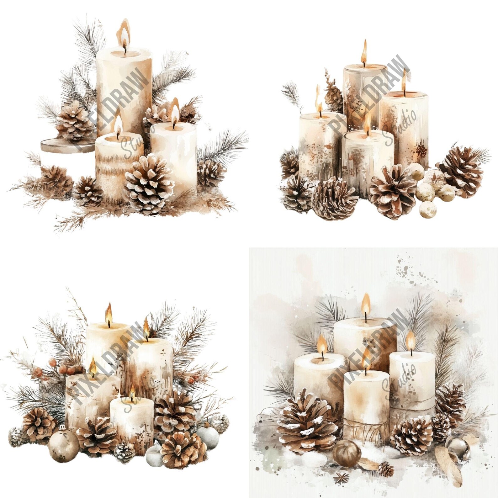 Watercolor Christmas Candles Clipart Set - 20 PNG Festive Candle ...