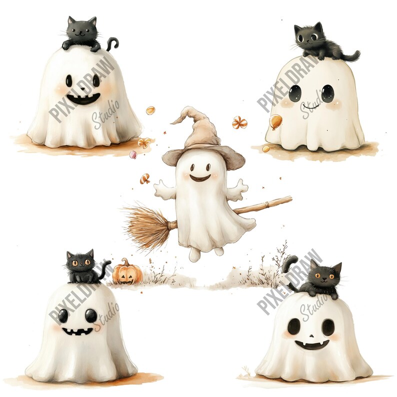 Watercolor Ghost Clipart Set – 40 Cute Halloween Pngs, Transparent ...