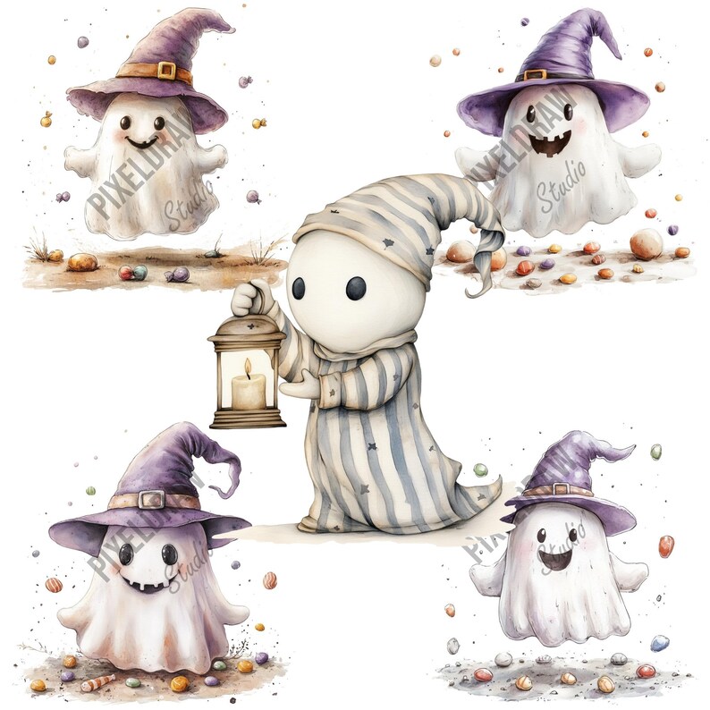 Watercolor Ghost Clipart Set – 40 Cute Halloween Pngs, Transparent ...