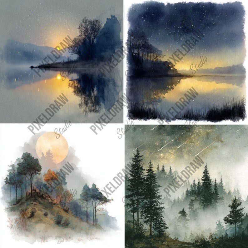 Clipart de acuarela de cielos estrellados / 32 PNG de luna celestial y cielo nocturno / Arte de ...