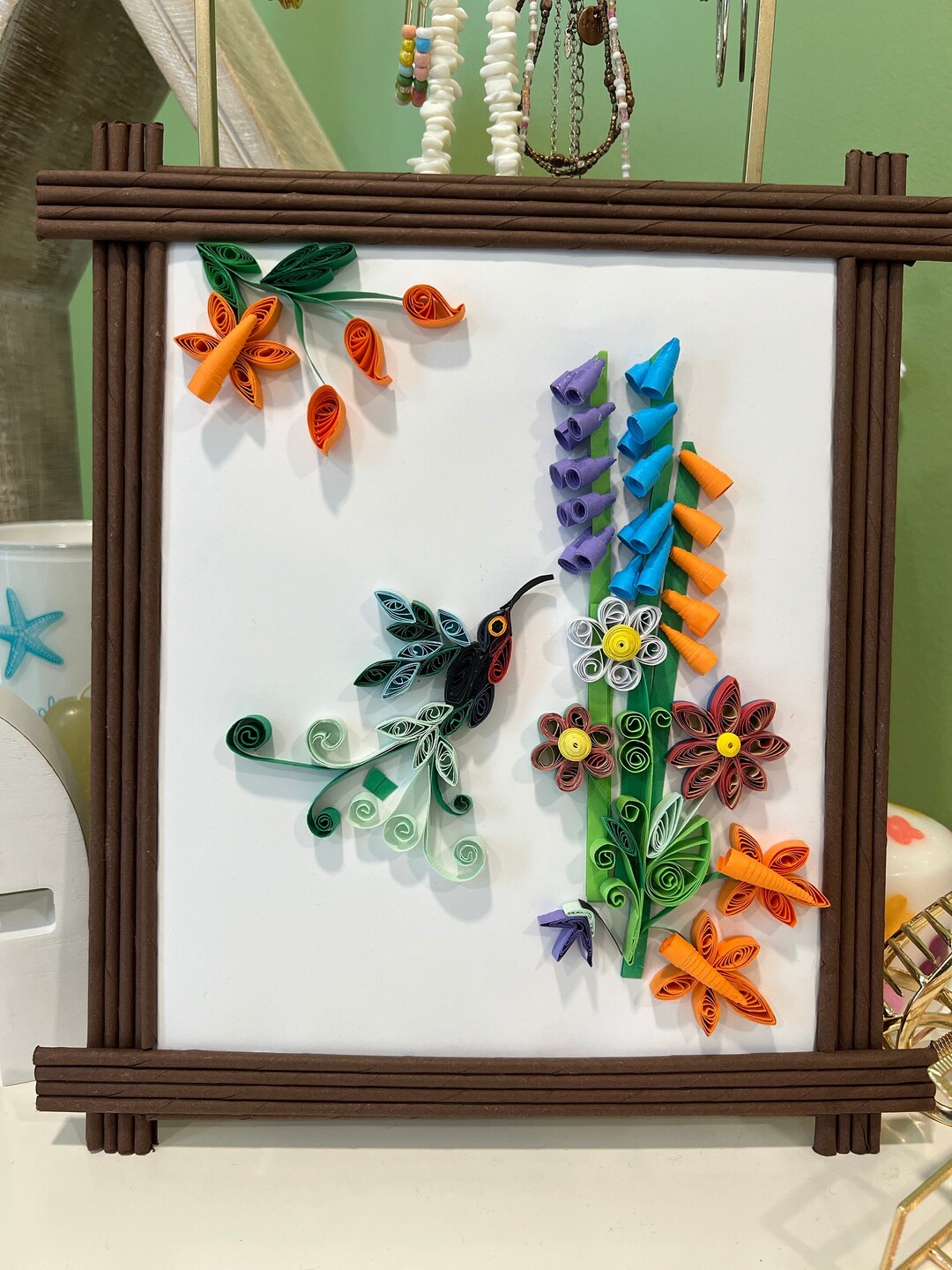 9" X 11" Quilling Framed Art Spring Colors and Humming Birds Handmade ...