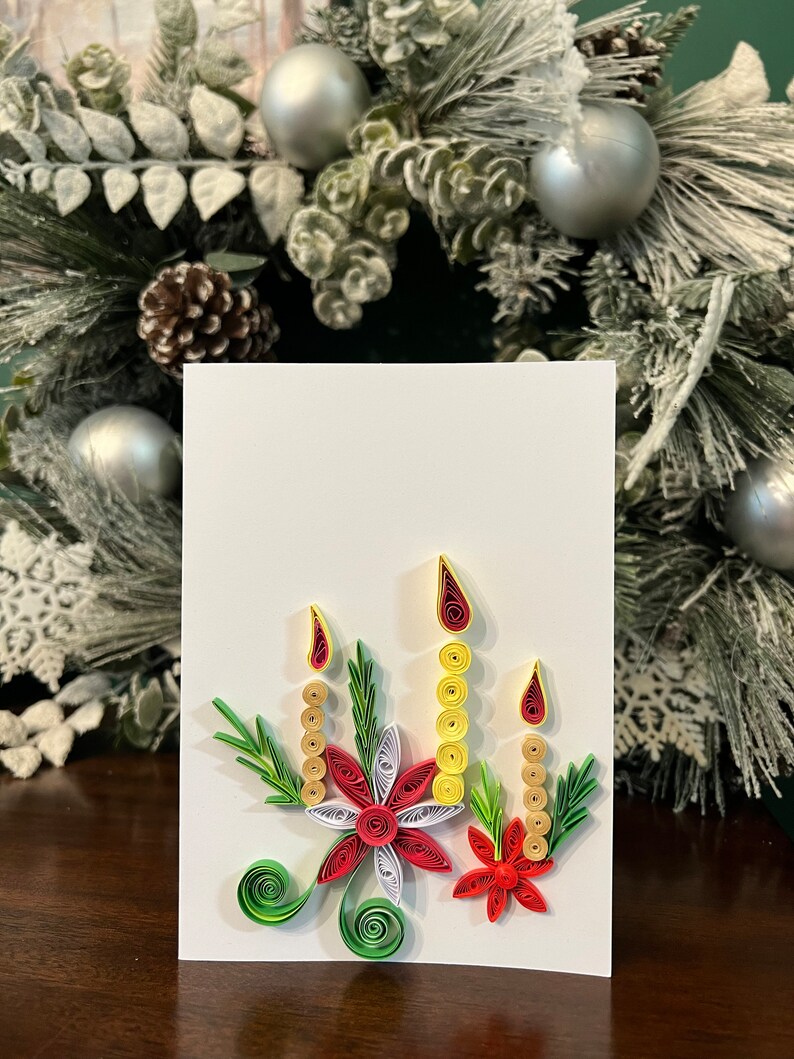 Handmade Quilling Paper Christmas Cards: Candles & Red Flowers (5x7 In ...