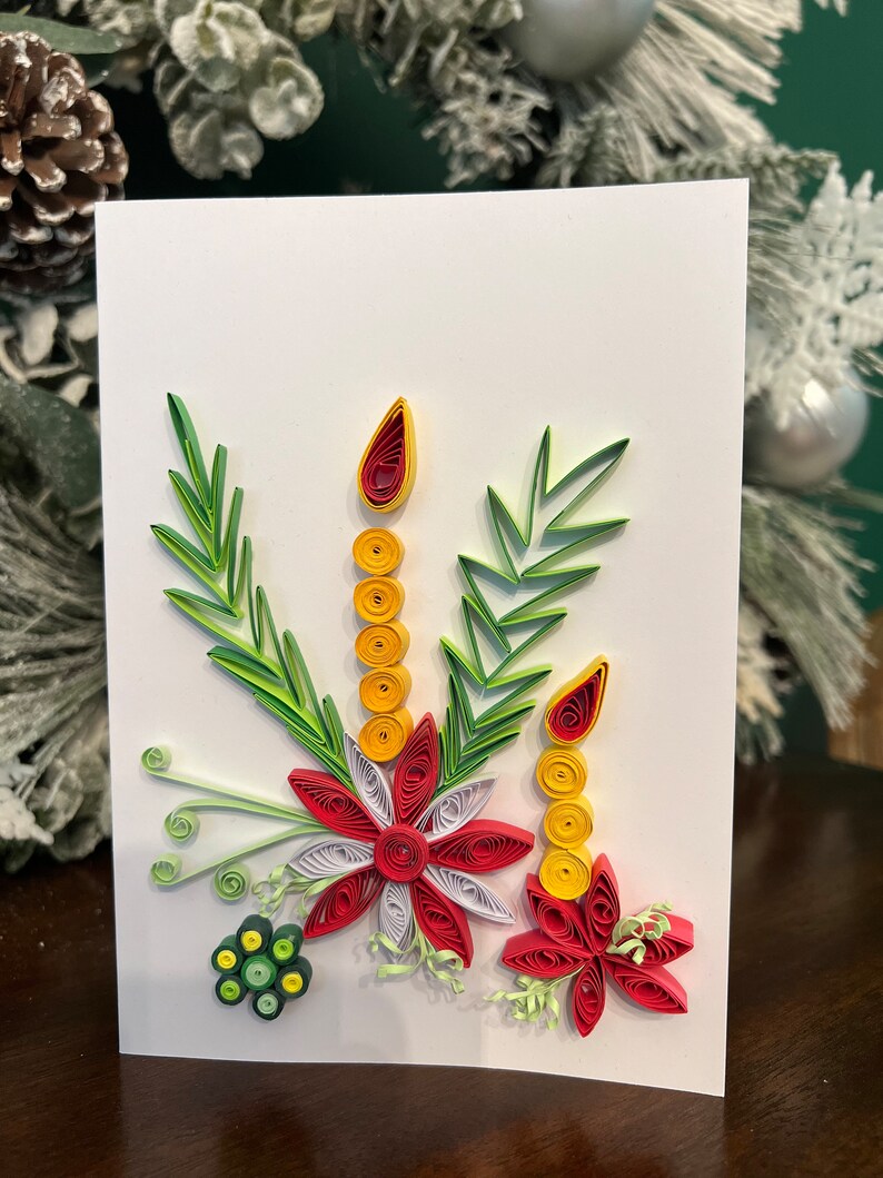 Handmade Quilling Paper Christmas Cards: Candles & Red Flowers (5x7 In ...