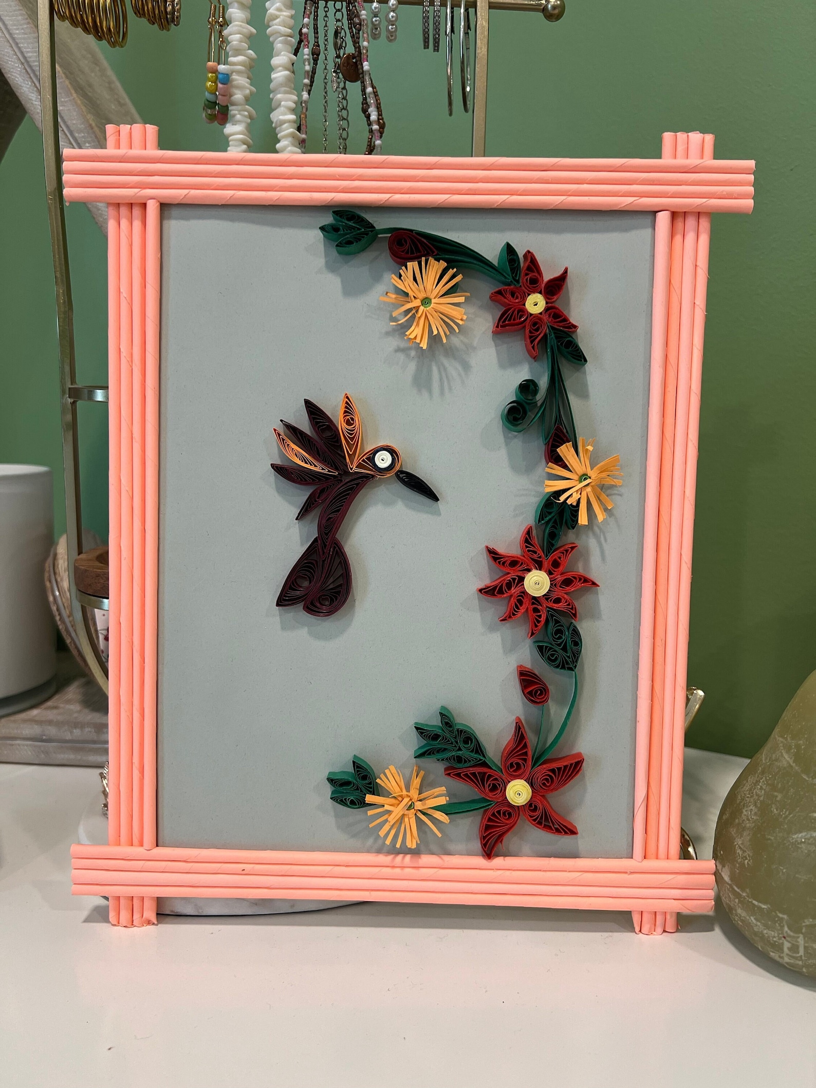 9" X 11" Quilling Framed Art Spring Colors and Humming Birds Handmade ...