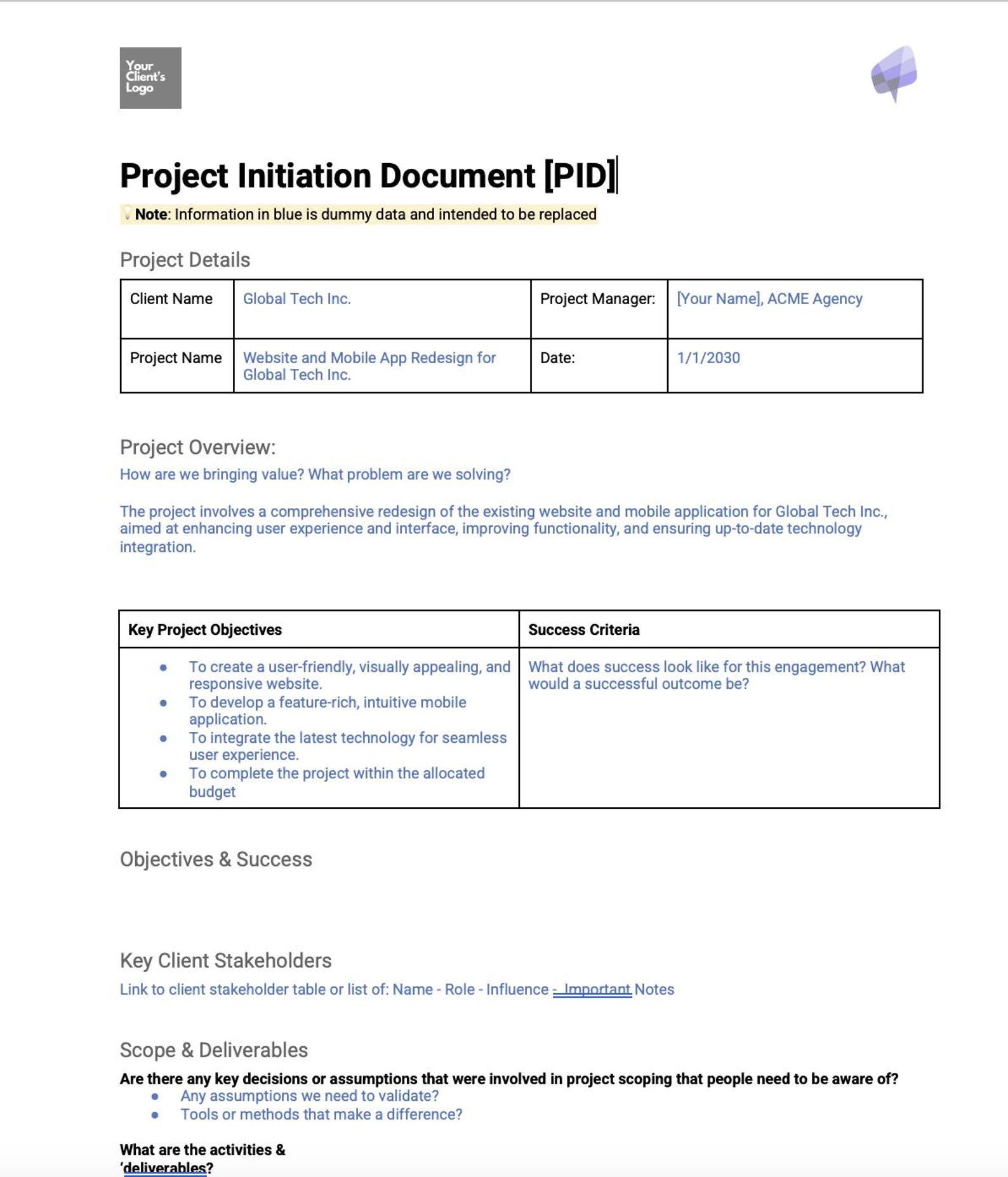 Project Initiation Document Template | Customizable Business Templates ...