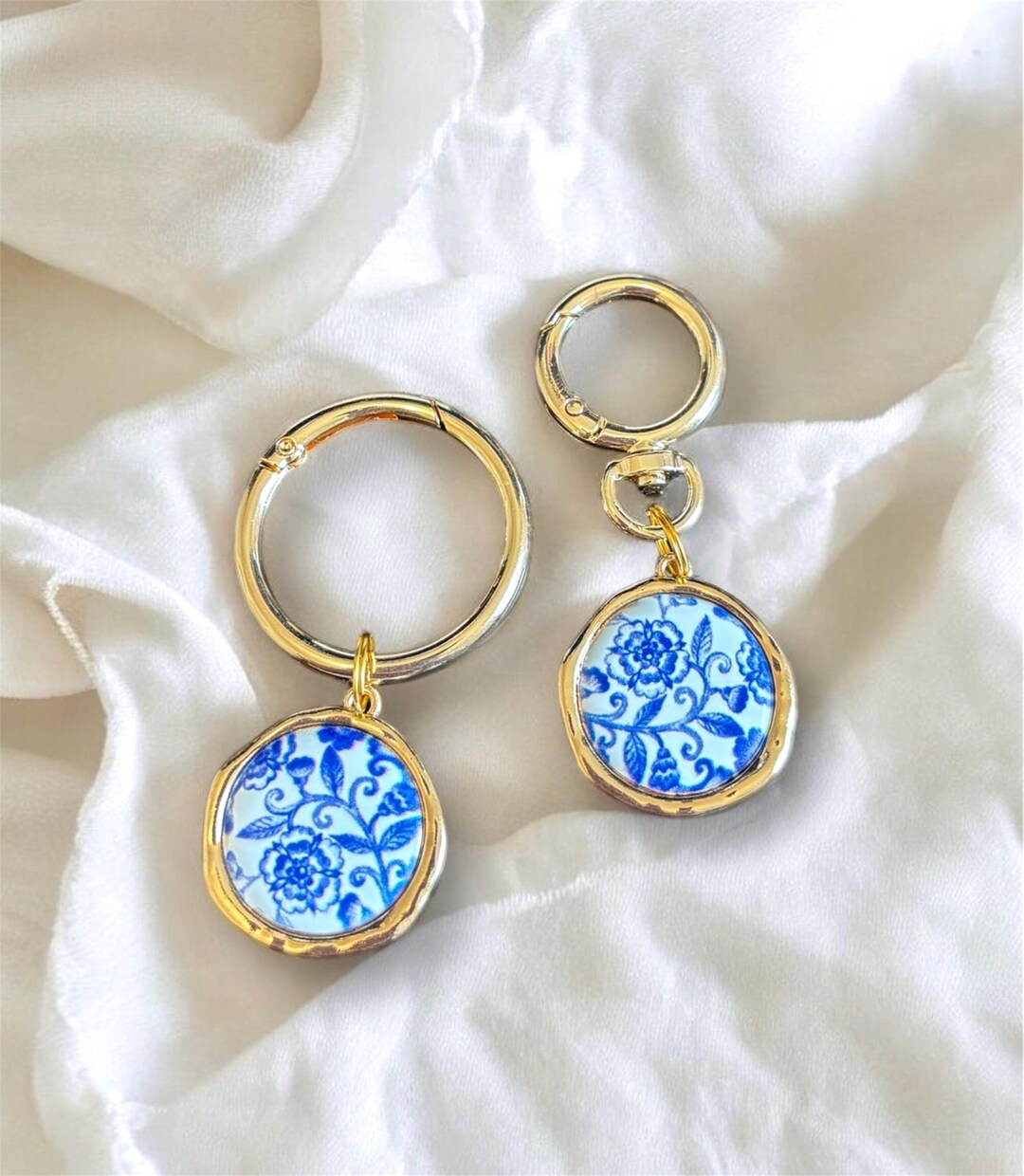Blue and White Floral Gold Bag Charm, Blue Floral Keychain, Purse Charm ...