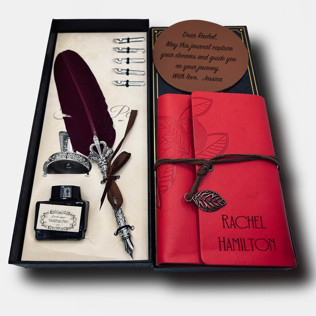 Personalized Calligraphy Set / Feather Quill Pen, Vegan Leather Journal ...