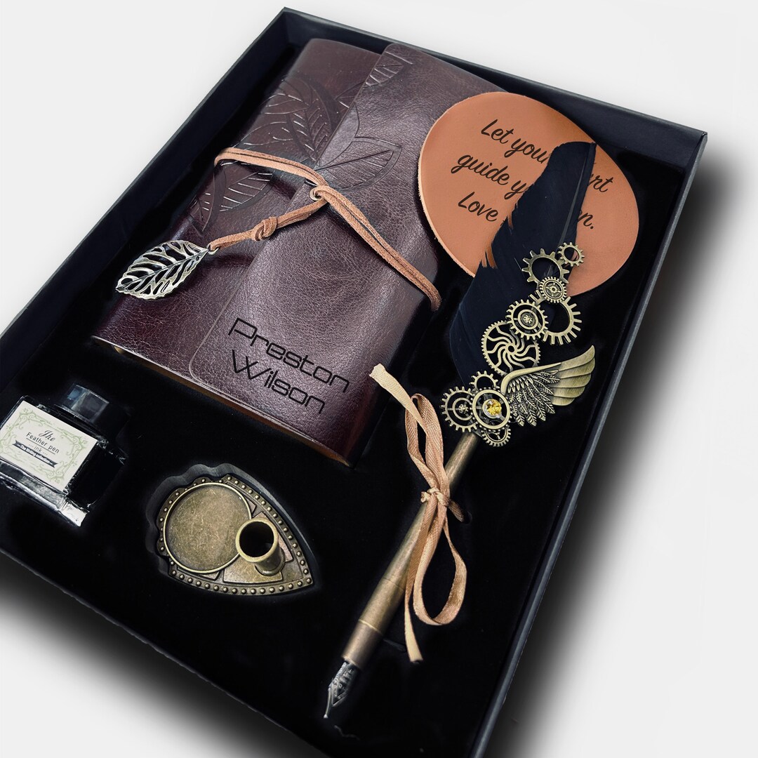 Personalized Calligraphy Set - Feather Quill Pen, Vegan Leather Journal ...
