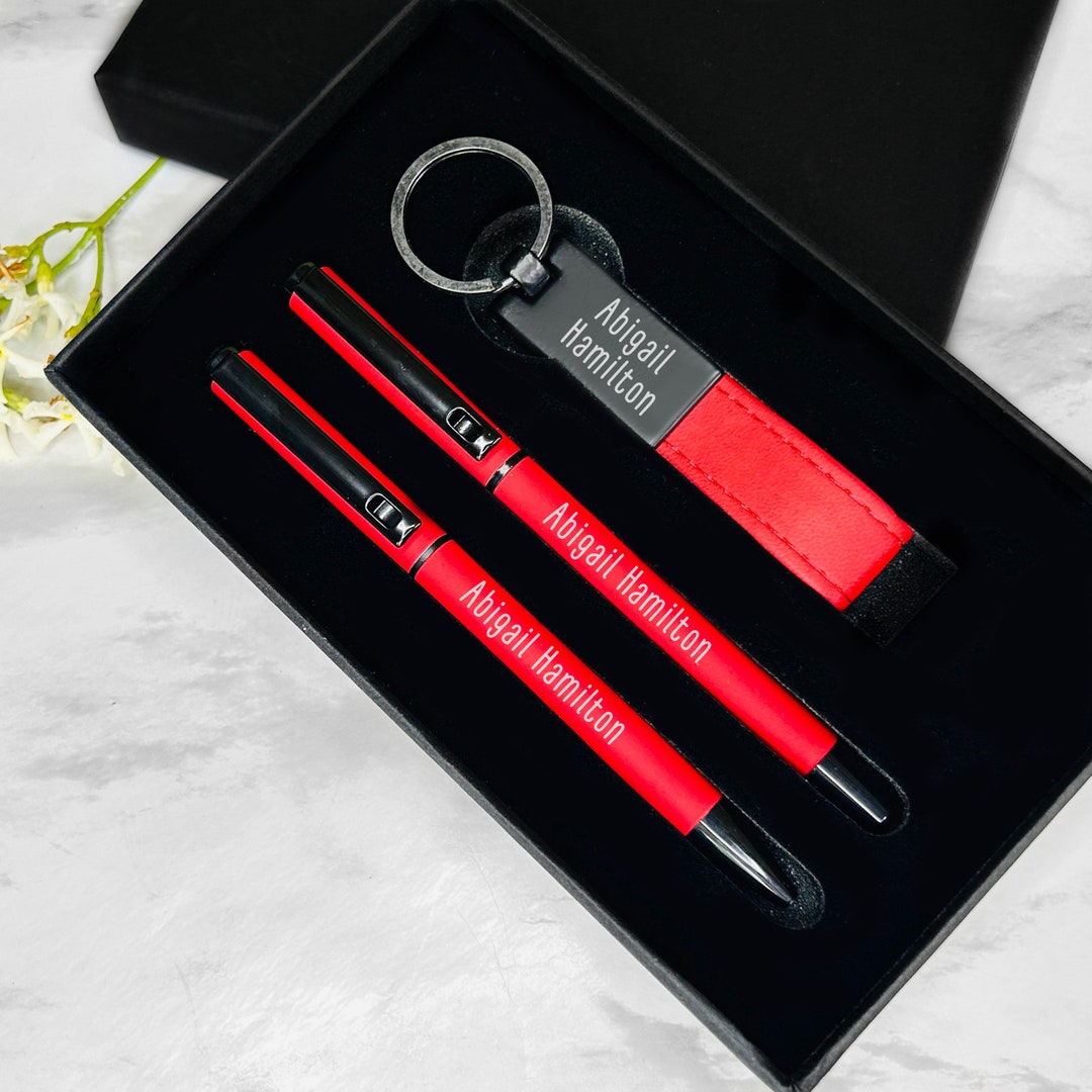 Personalised Pens and Keychain Set With Box - Name on Stationery Gift ...