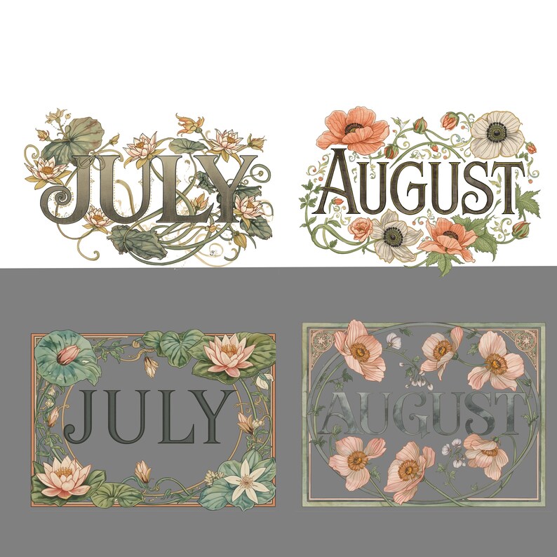 Months of the Year Watercolor Clipart, Art Nouveau Seasonal Pngs, 24 ...