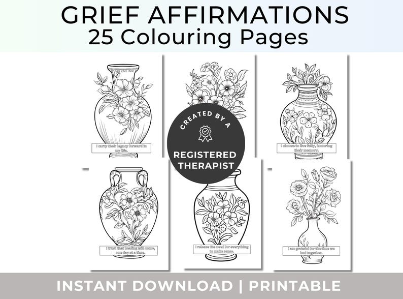 Grief Coloring Page, Bereavement Therapy Art, Flowers in Vase Coloring ...