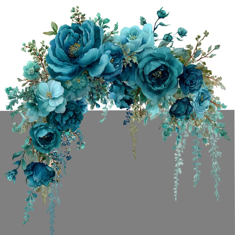 Teal Floral Luxury Arch Clipart, Turquoise Watercolor Flowers, 10 ...