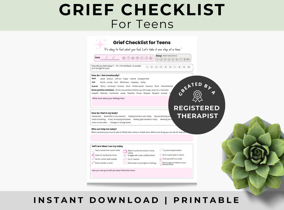 Grief Checklist for Teens, Grief Worksheet for Teenagers, Coping With ...