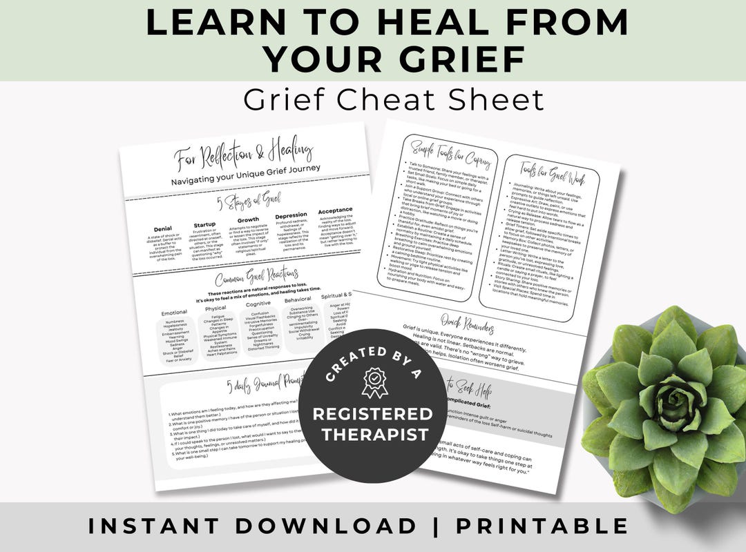 Grief and Loss Cheat Sheet, Grief Worksheet for Adults, Handout for Bereavement Support, Therapy ...