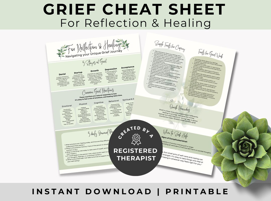 Grief and Loss Cheat Sheet, Green Printable Grief Worksheet, Quick ...