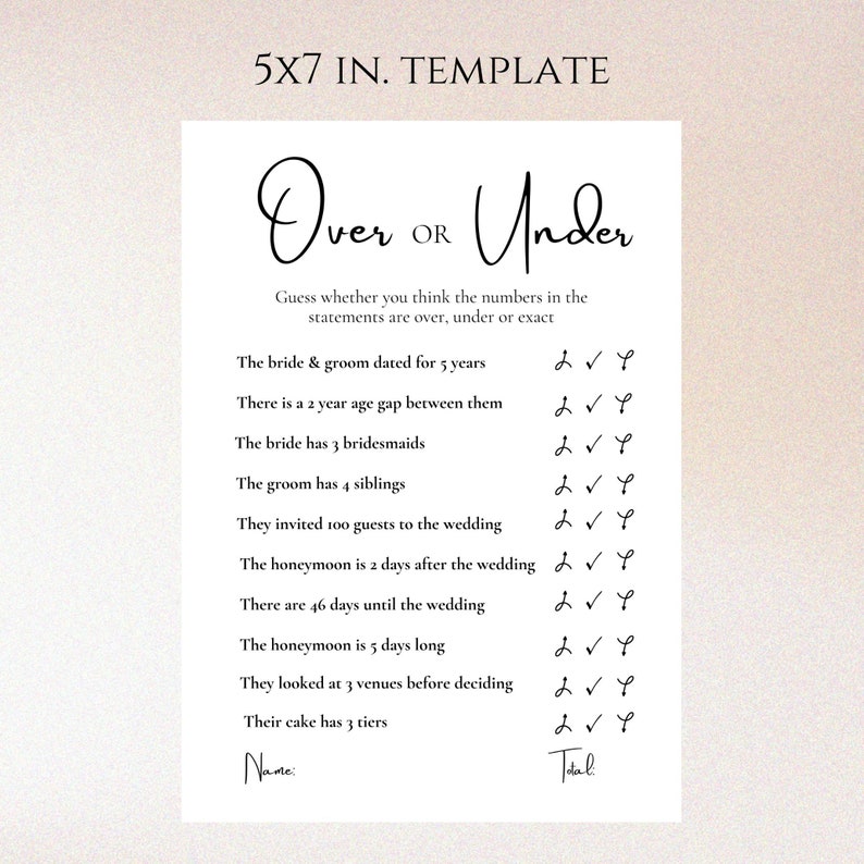 Bridal Shower Over or Under Game, Minimalist Over or Under Bridal ...