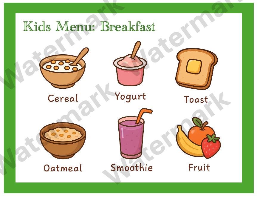 Toddler and Kids Printable Breakfast Menu, Breakfast Menu Printable ...