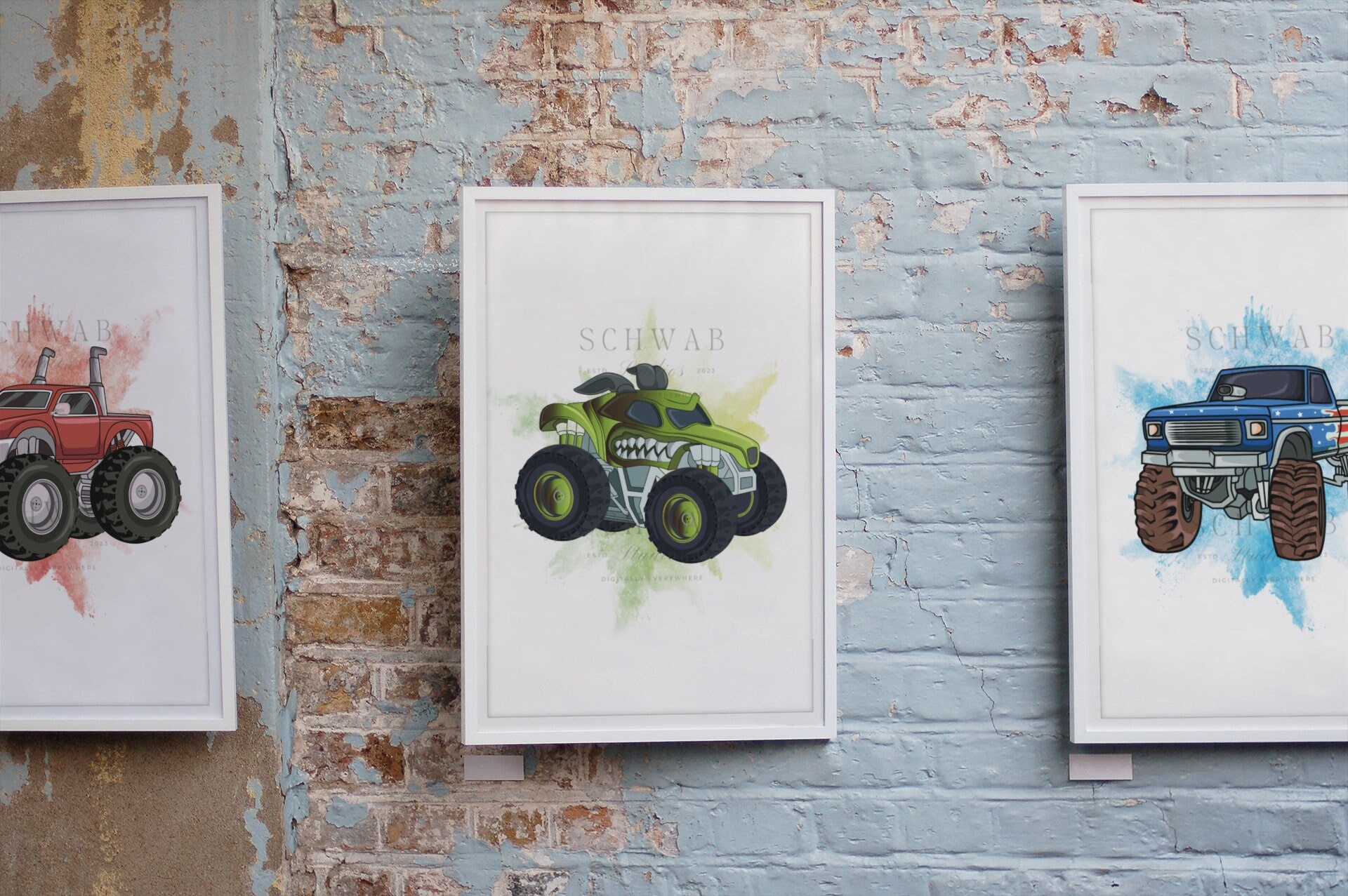 Set of 5 Art Print Monster Trucks Poster Kids Room Nursery Decor ...