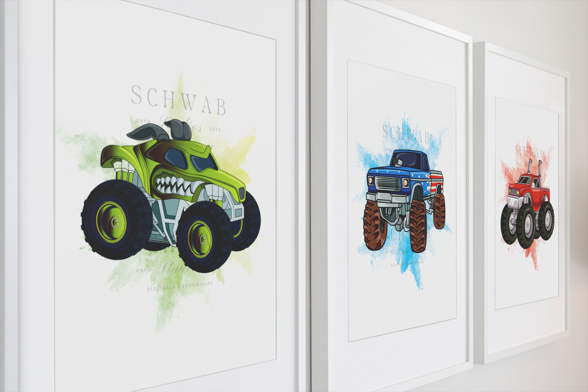 Set of 5 Art Print Monster Trucks Poster Kids Room Nursery Decor ...