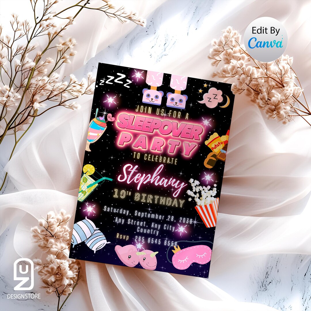Editable Sleepover Birthday Invitation, Neon Sleepover Invite, Slumber ...