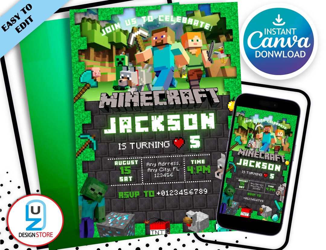 Invitación de cumpleaños de Minecraft editable, invitaciones de ...