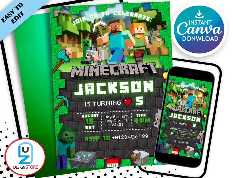 Minecraft invitations - Etsy