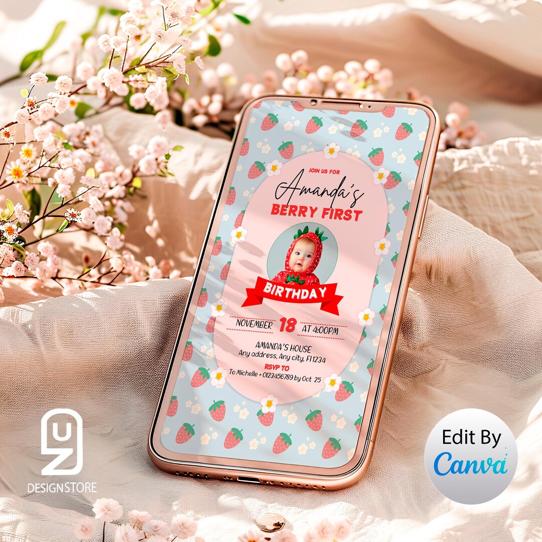 Berry First Mobile Birthday Invitation Modern Strawberry Invitation ...