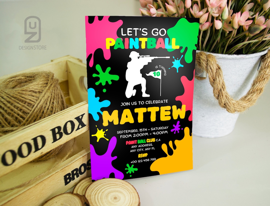 Editable Paintball Birthday Invitation, Paint Ball Party Invite ...