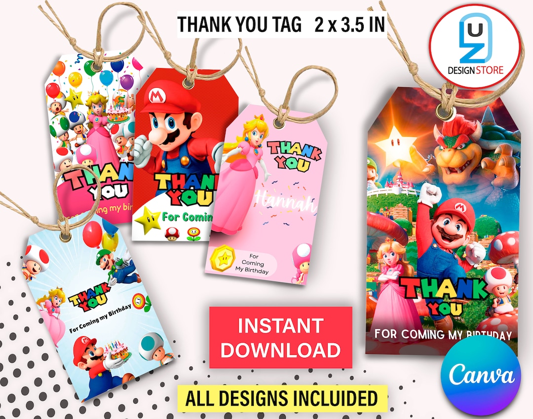 Mario Favor Tags, Super Mario Thank You Tags, Mario Brothers Birthday ...