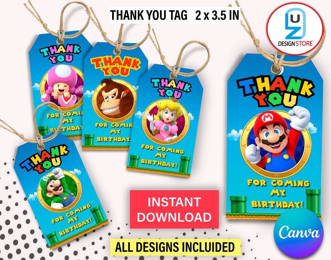 Mario Favor Tags, Super Mario Thank You Tags, Mario Brothers Birthday ...
