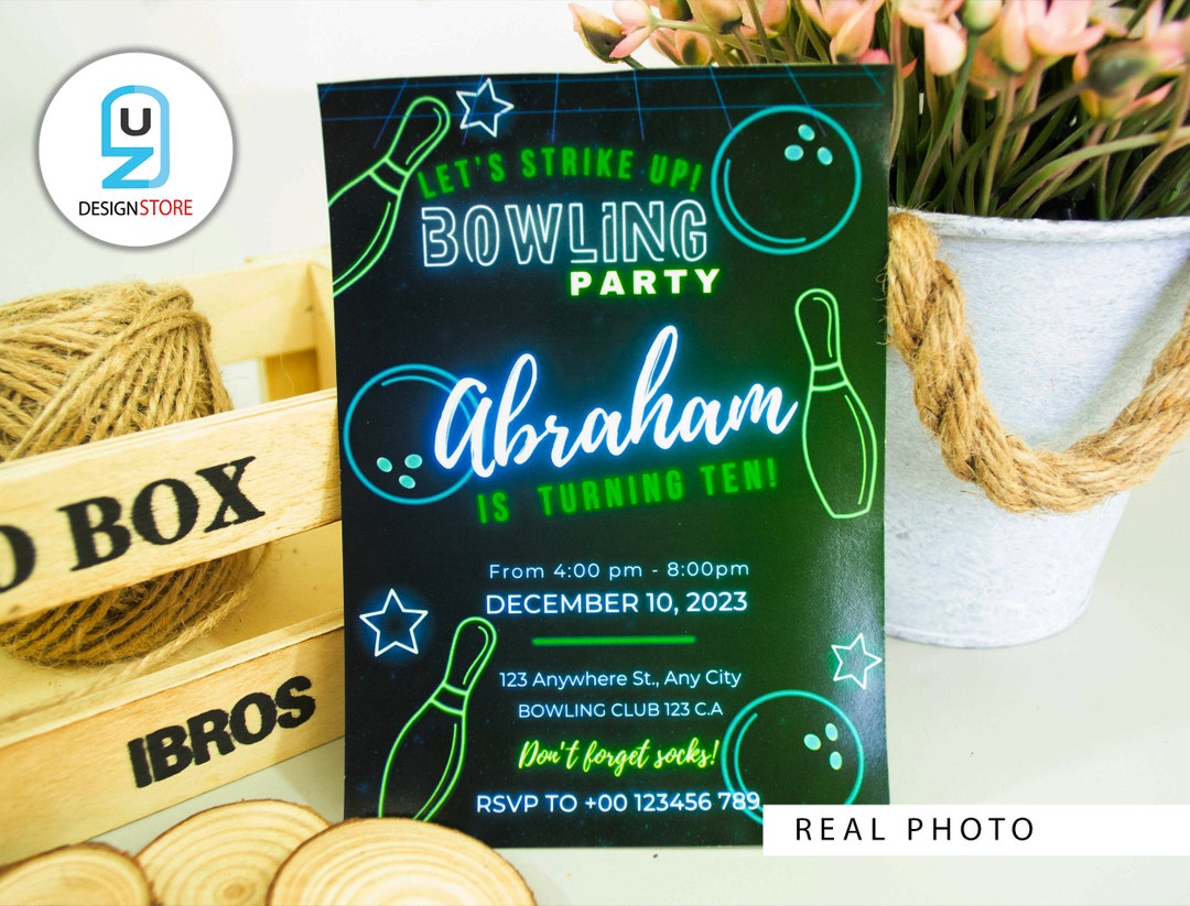 Editable Bowling Birthday Invitation Minimalist Neon Glow Bowling ...