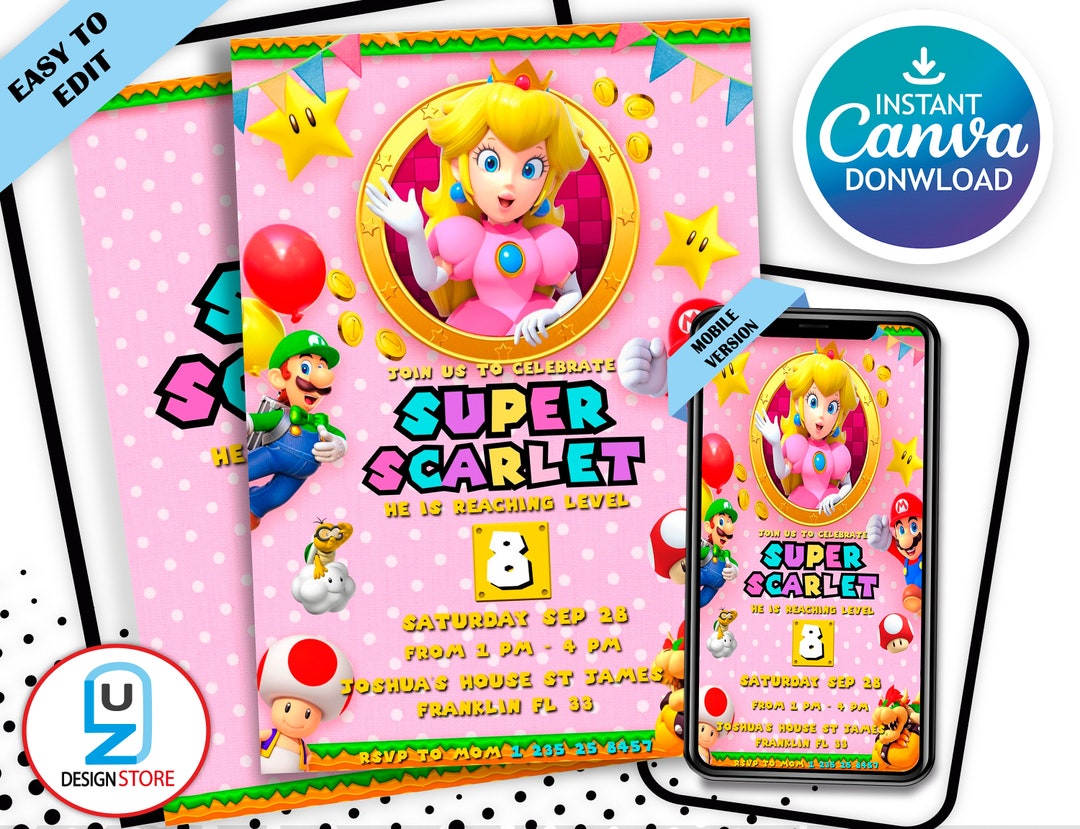 Invitación De Cumpleaños De La Princesa Peach Invitación Editable De La Princesa Mario Fiesta