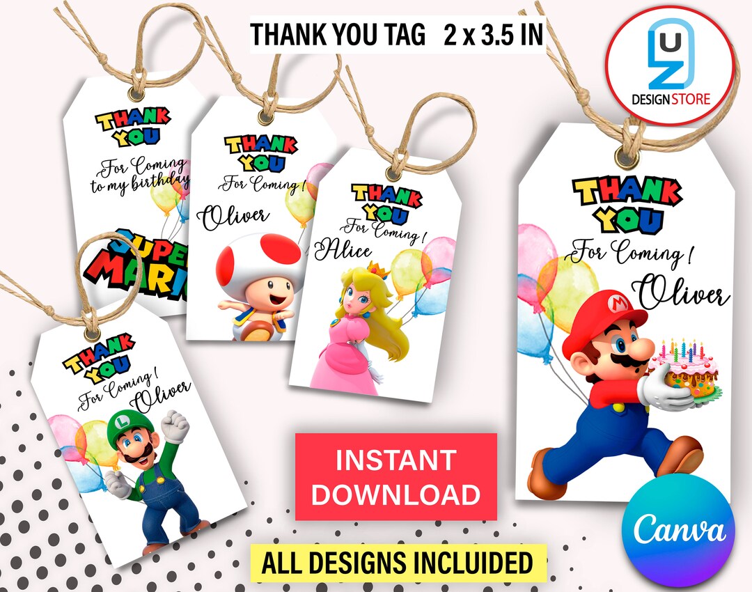 Mario Favor Tags, Super Mario Thank You Tags, Mario Brothers Birthday ...