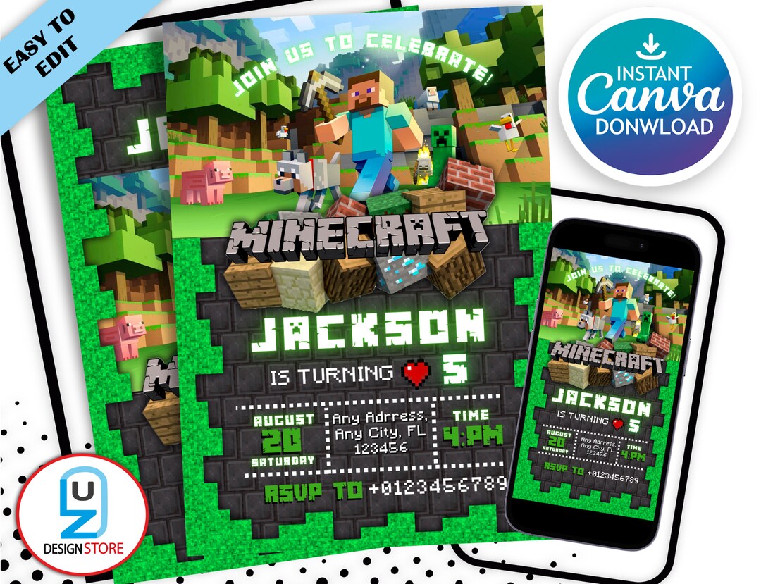 Invitación de cumpleaños de Minecraft editable, Invitaciones de ...