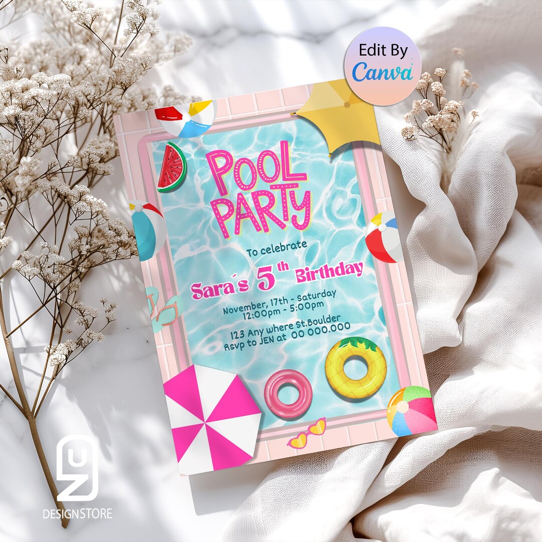 Retro Pool Party Birthday Invitation, Swim Party (canva Template) - Etsy