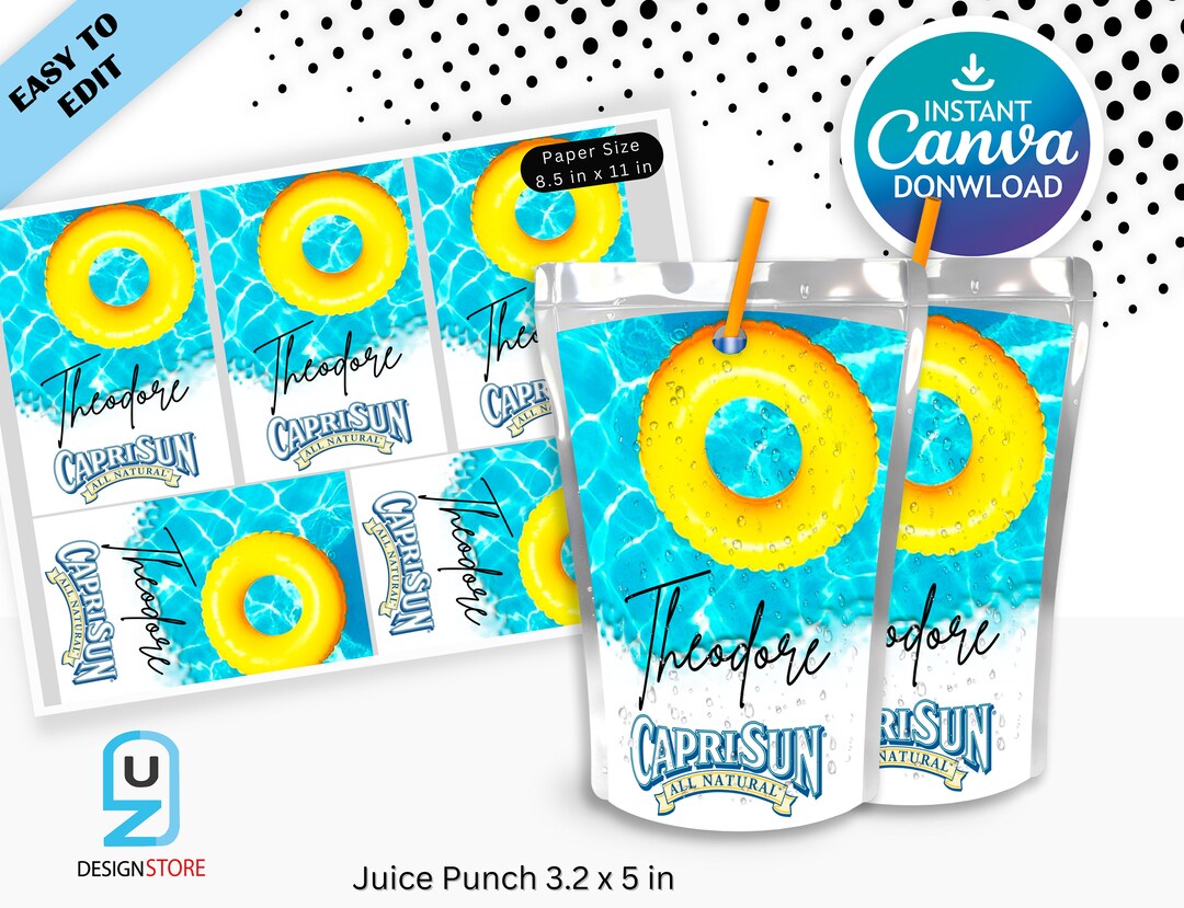 Editable Pool Party Juice Box Label, Pool Birthday Party Juice Pouch ...